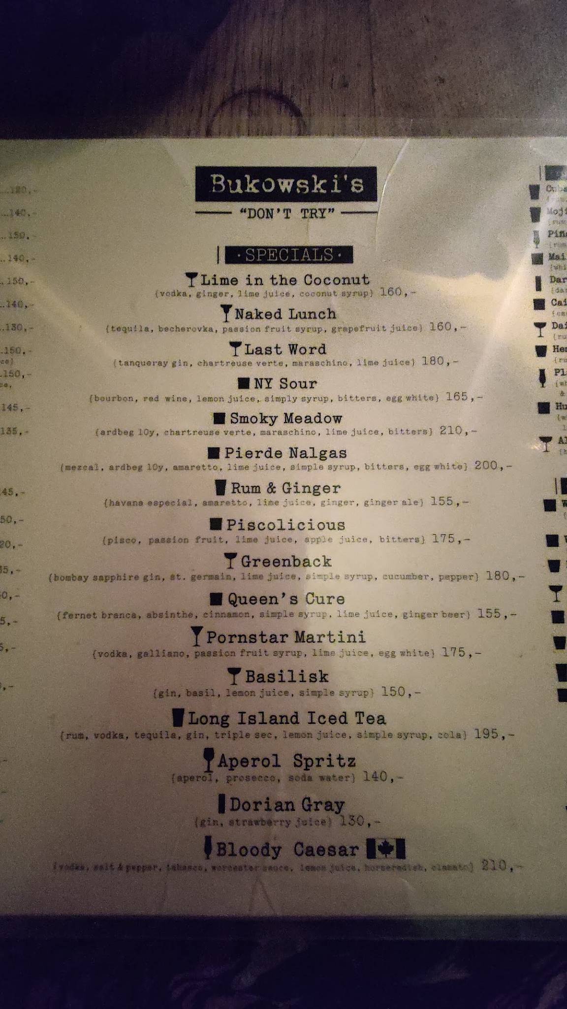 Menu at Bukowski's Bar, Prague