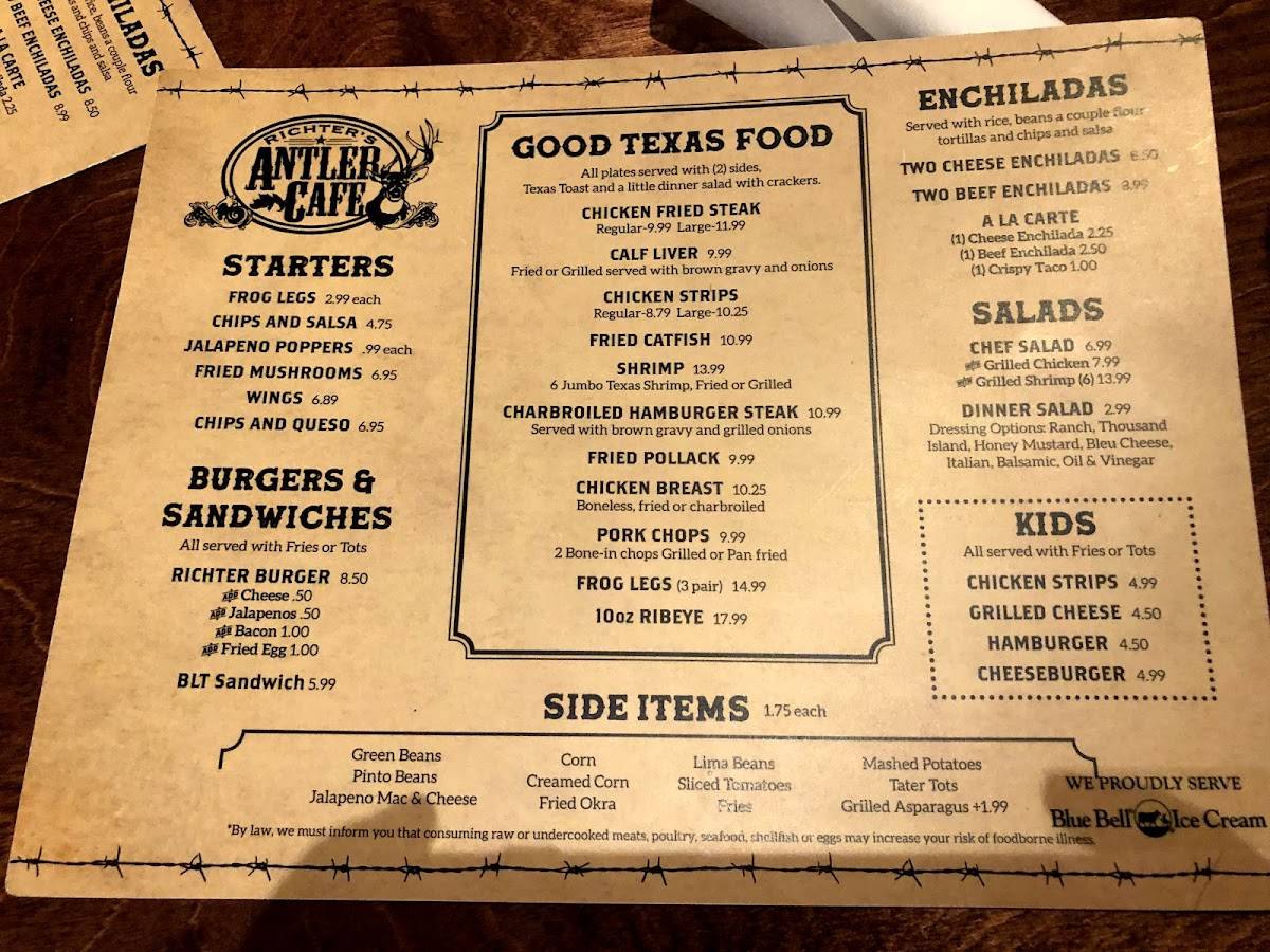 Menu at Richter's Antler Cafe, Spring Branch
