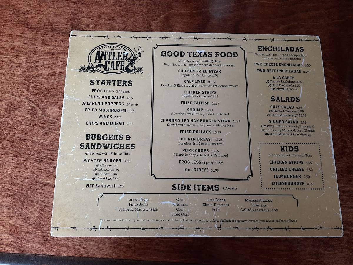 Menu at Richter's Antler Cafe, Spring Branch