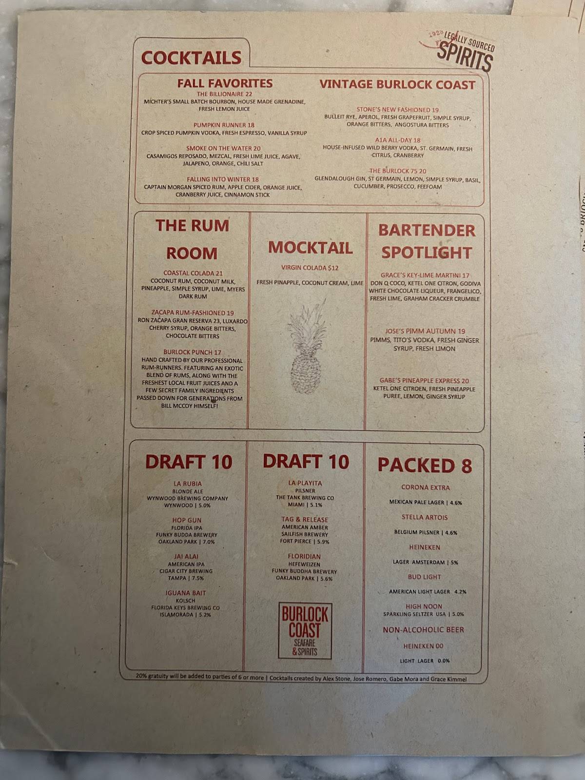 Menu at Burlock Coast restaurant, Fort Lauderdale