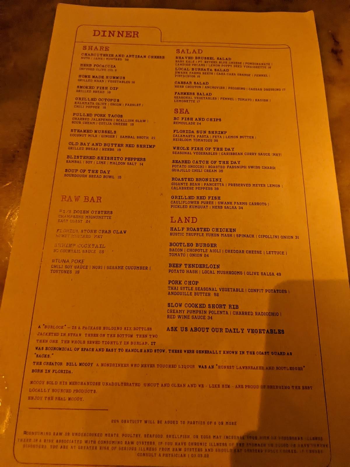 Menu at Burlock Coast restaurant, Fort Lauderdale