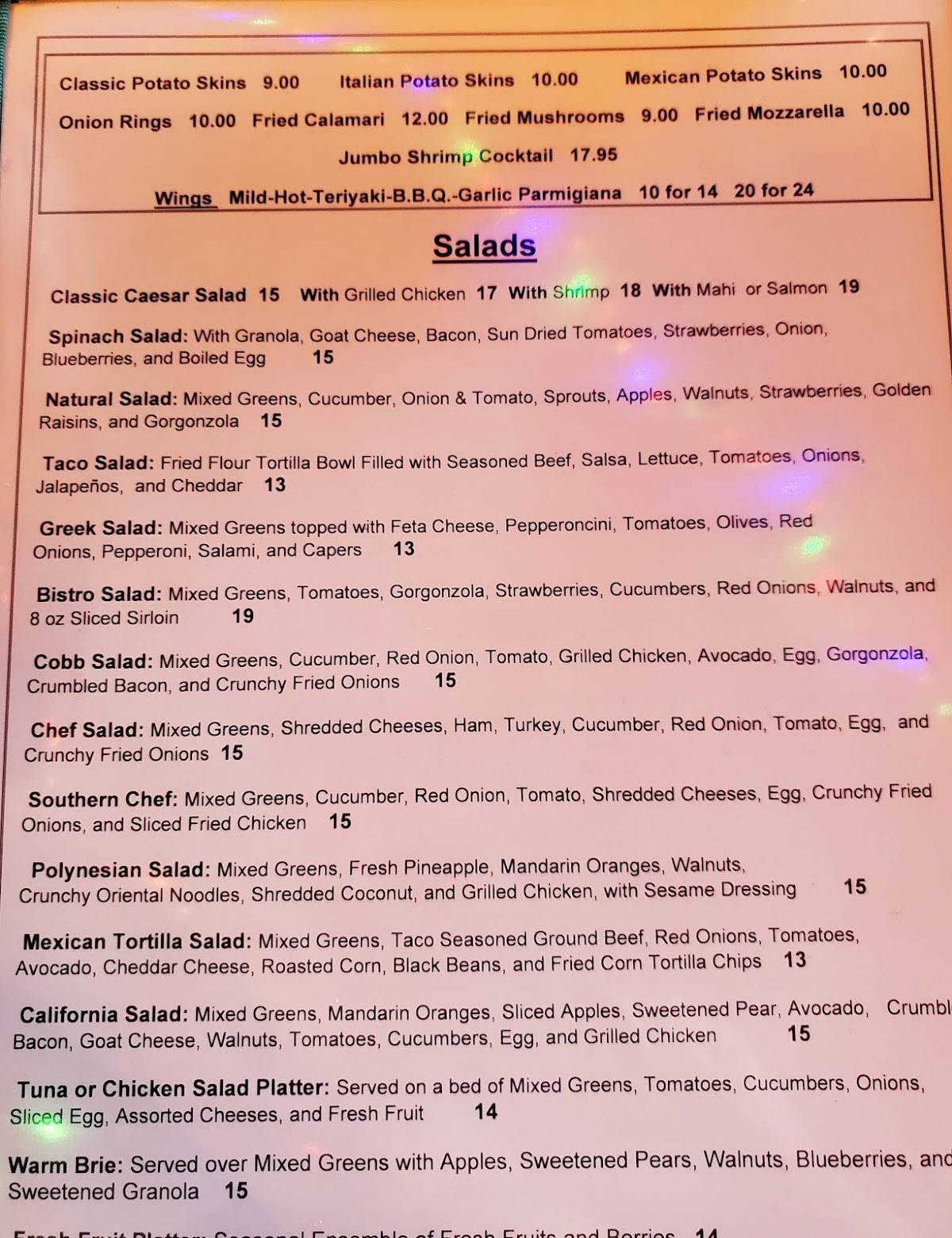 Menu at C.J. Cannon's restaurant, Vero Beach