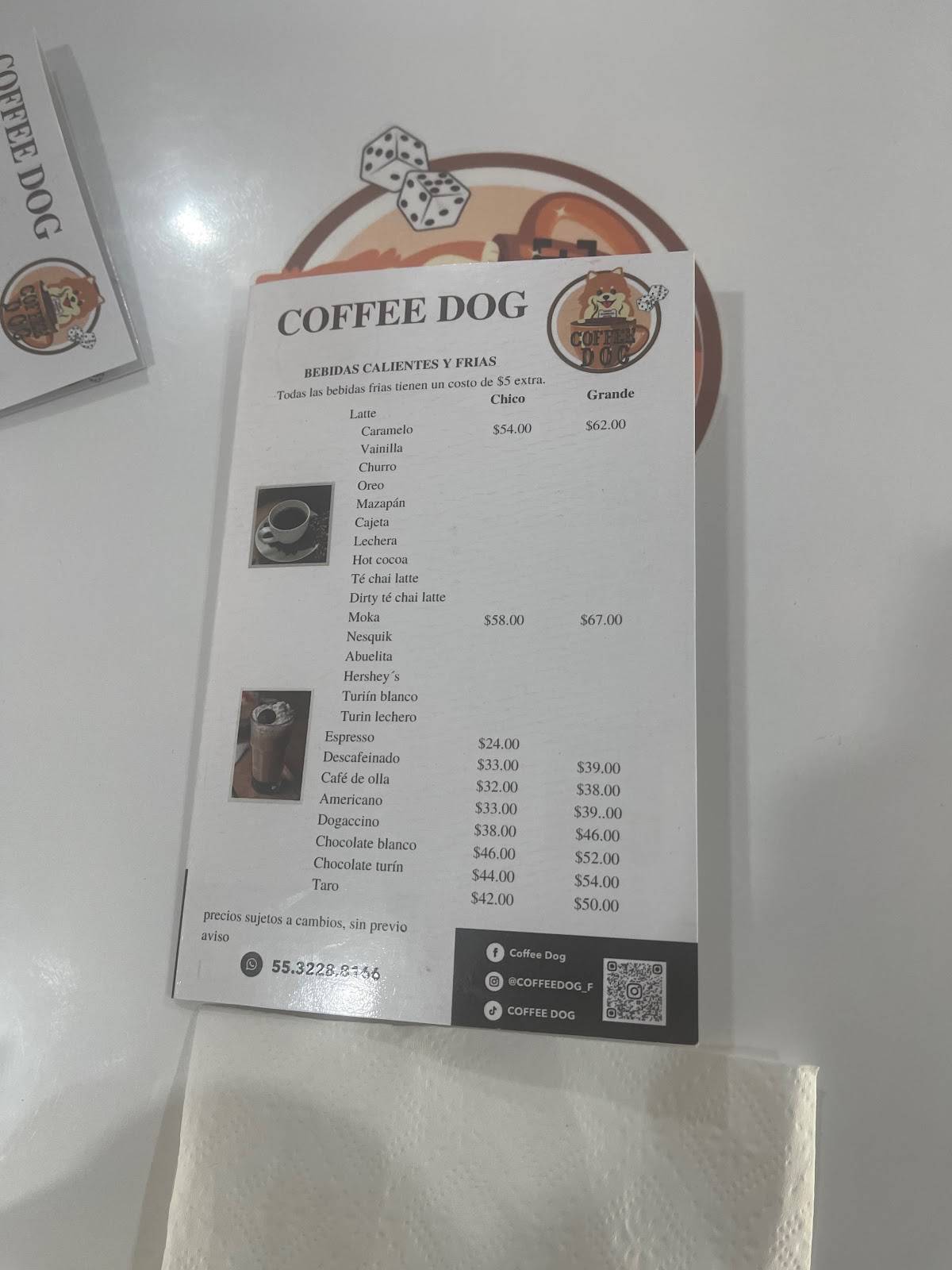 Menu at COFFEE DOG cafe, Mexico City