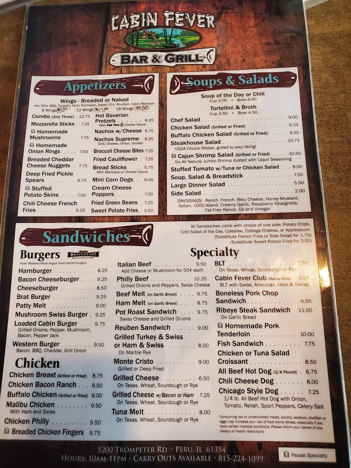 Menu at Cabin Fever Bar & Grill, Peru