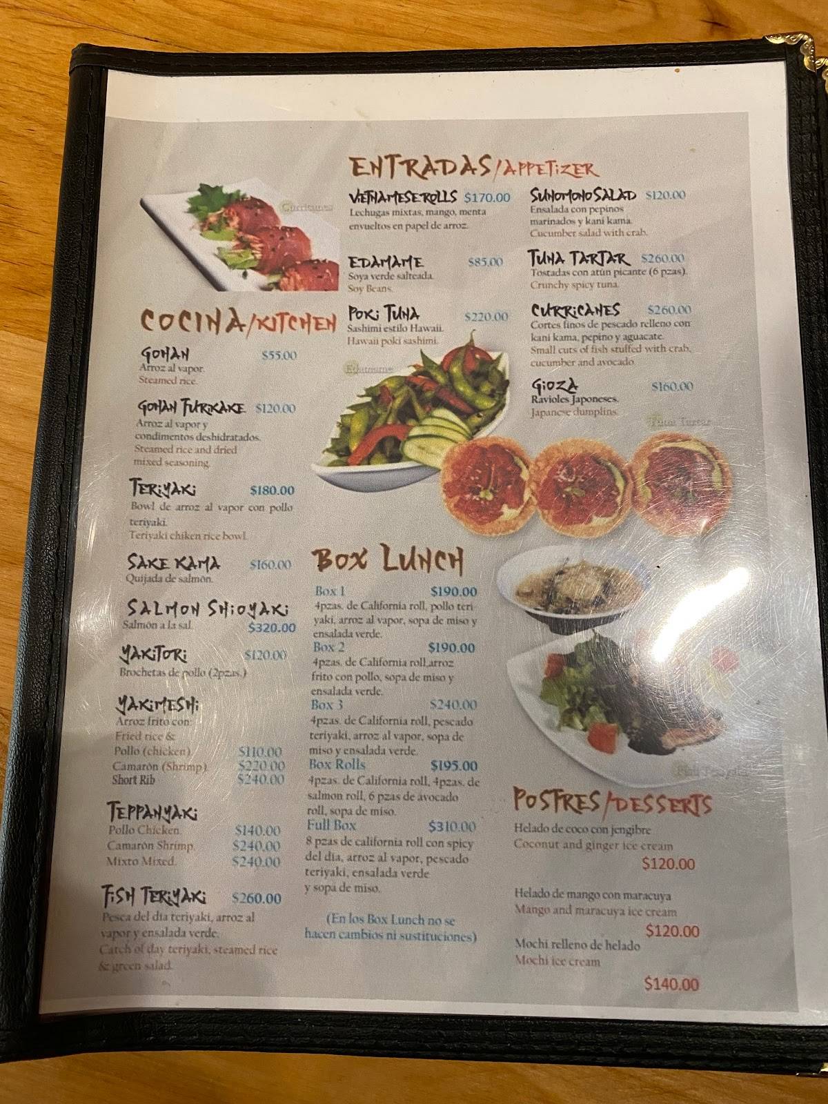 Menu at The Fish Sushi restaurant, Cabo San Lucas