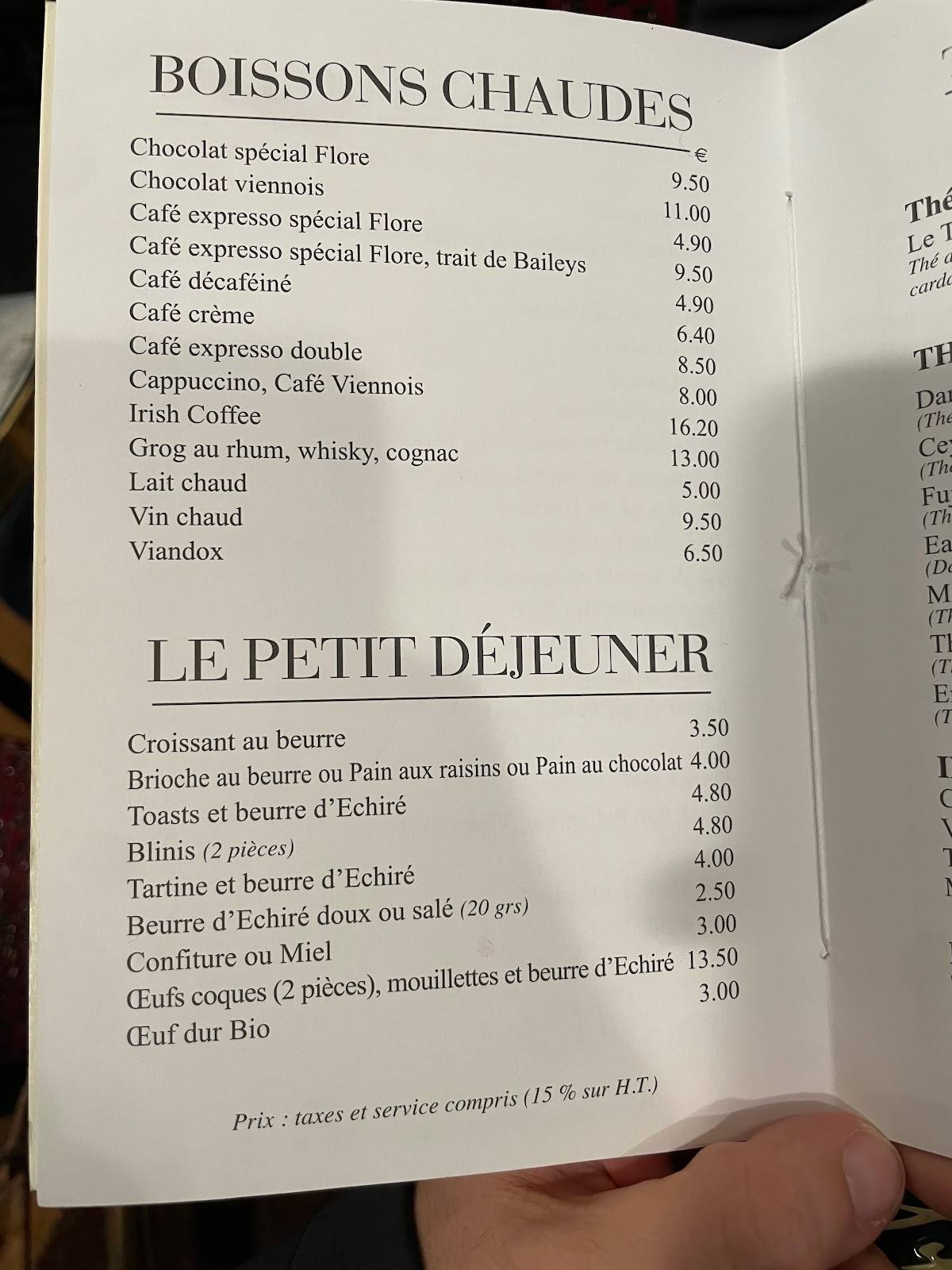 Menu at Café de Flore, Paris, 172 Bd Saint-Germain