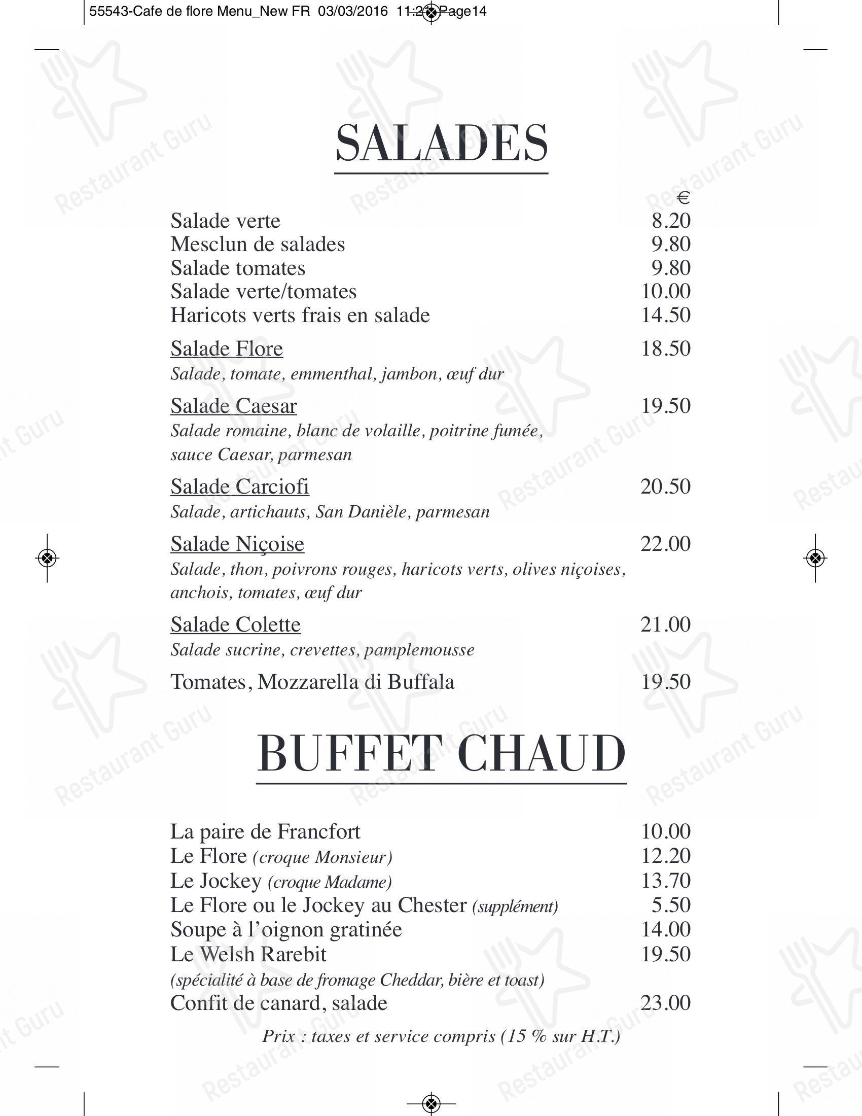 Menu at Café de Flore, Paris, 172 Bd Saint-Germain