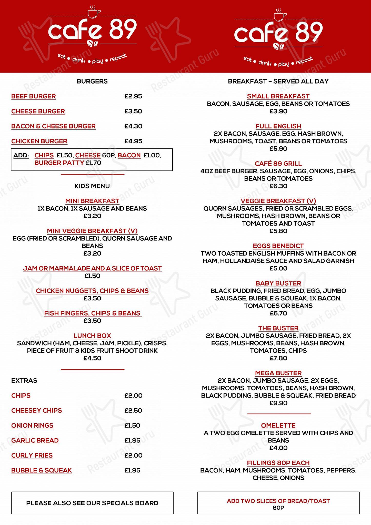 Menu at Cafe 89, Crawley