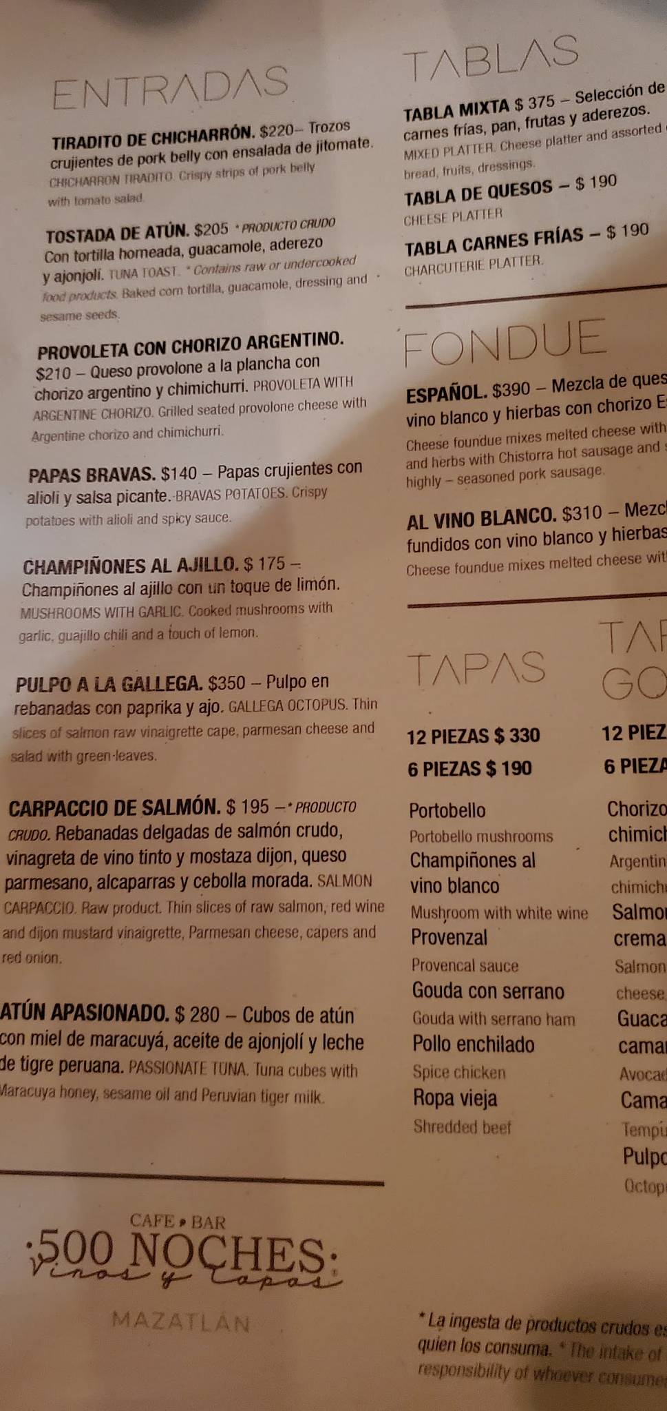 Carta de Café Bar 500 Noches Mazatlán, Mazatlán