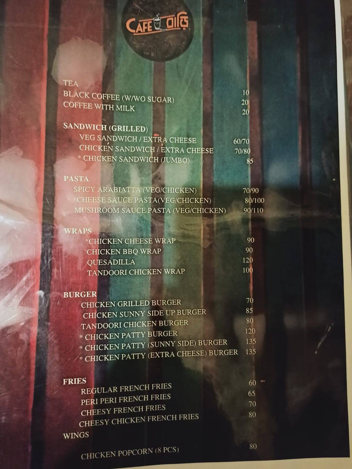 Menu at Cafe Bari, Kolkata