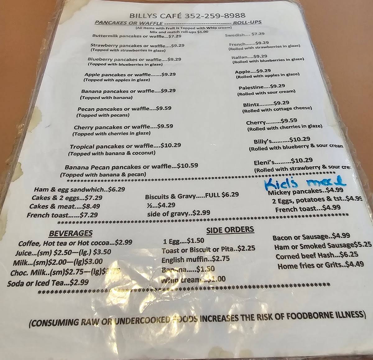 Menu at Billy's Cafe, Lady Lake