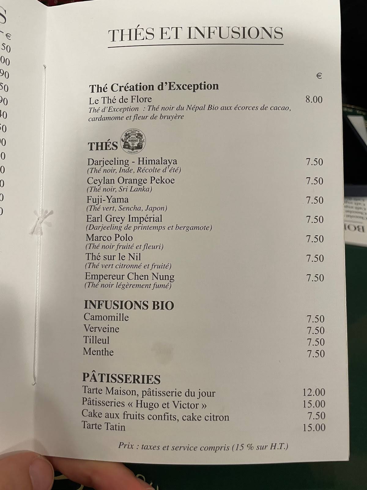 Menu at Café de Flore, Paris, 172 Bd Saint-Germain