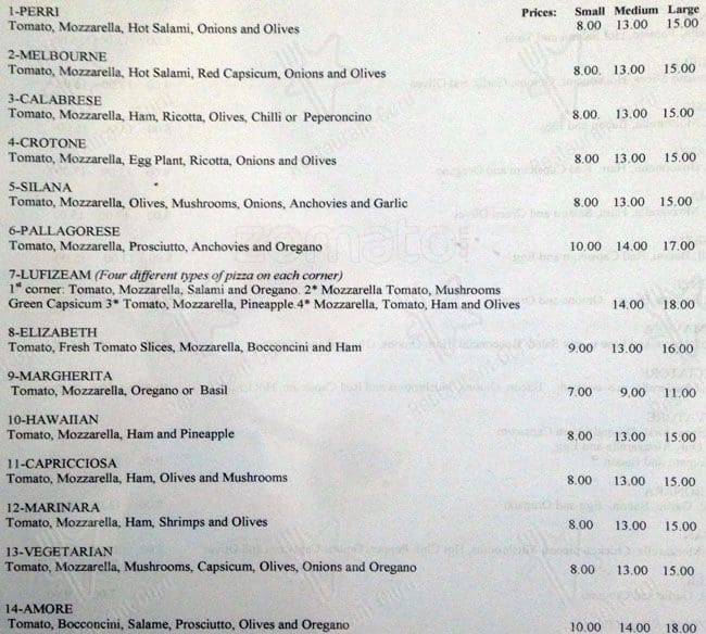 Menu at Cafe Perri, Melbourne