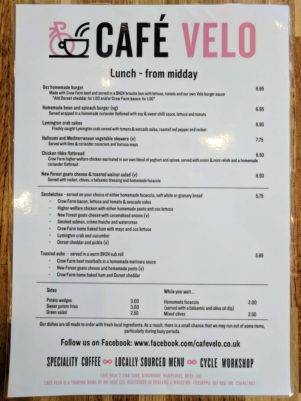 Menu at Café Velo cafe, Ringwood