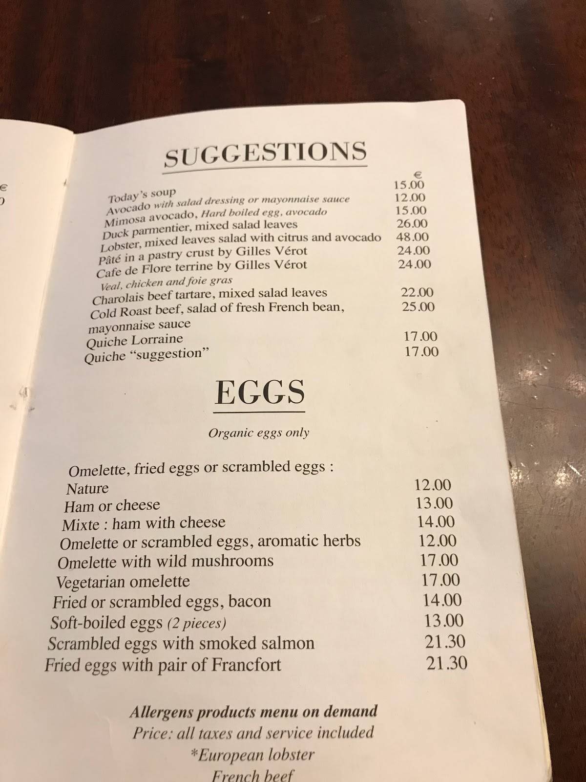 Menu at Café de Flore, Paris, 172 Bd Saint-Germain