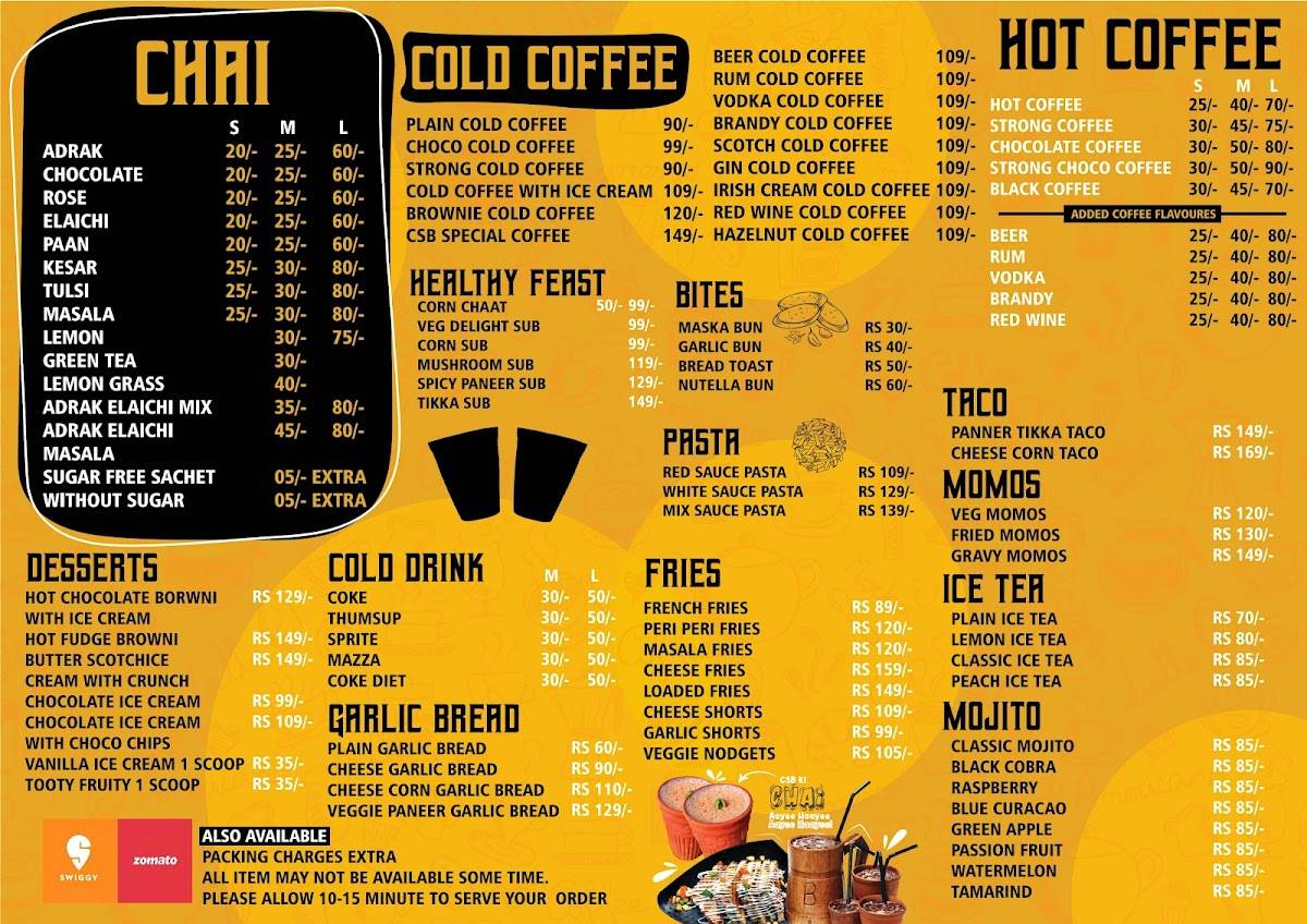 Menu at Chai Sutta Bar Palampur, Palampur