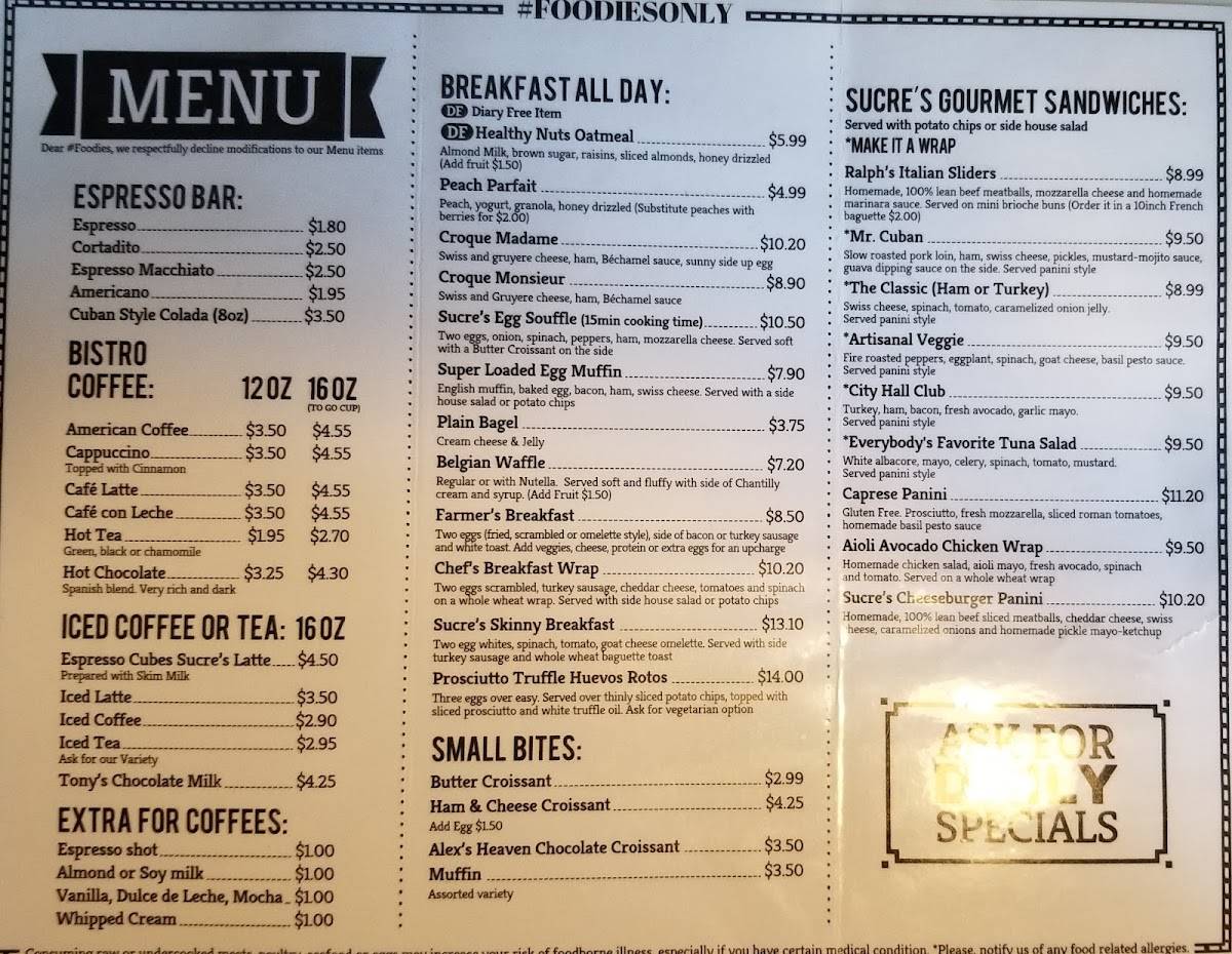 Menu at Chef Sucre Café cafe, Coral Gables