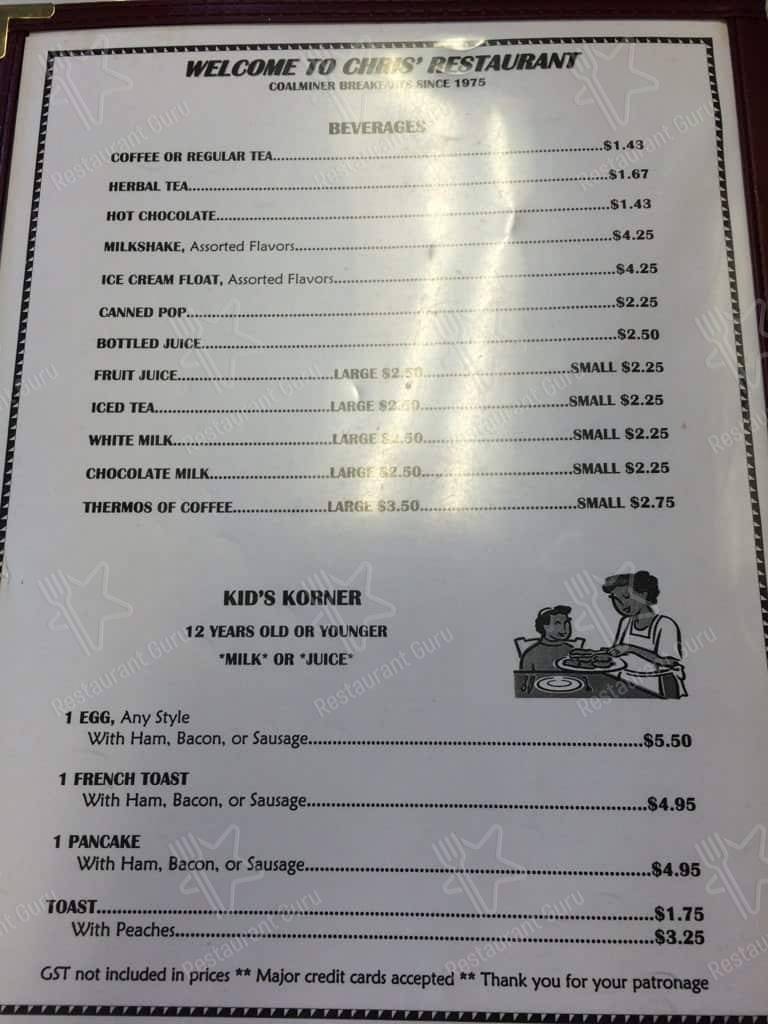 Menu at Chris' Restaurant, Crowsnest Pass