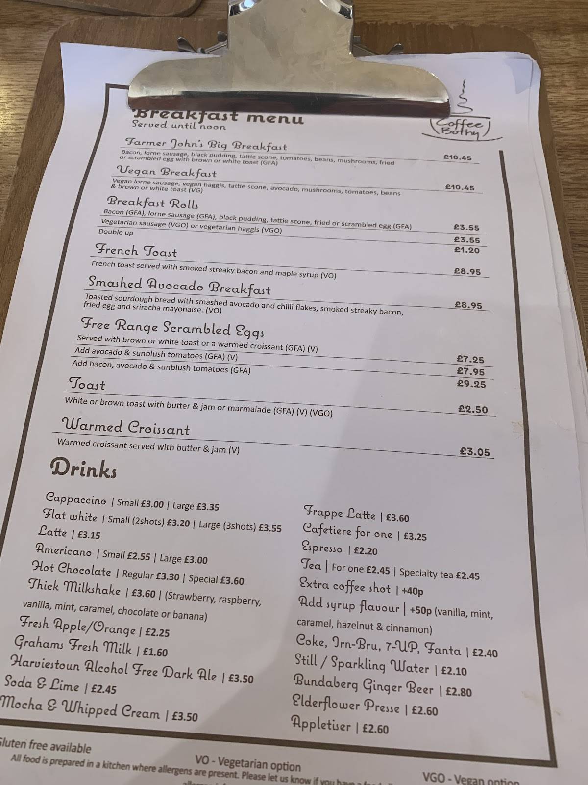 Menu at Coffee Bothy cafe, Stirling