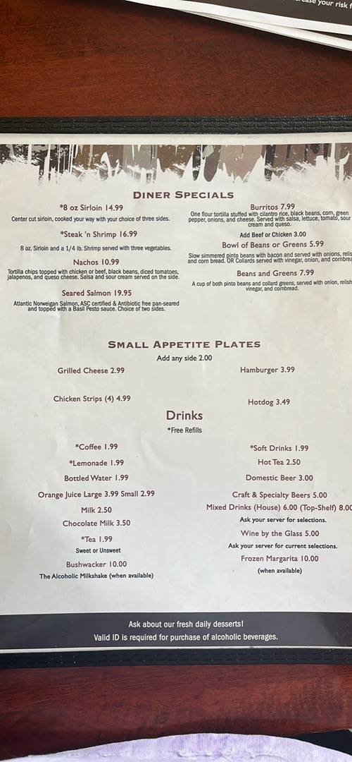 Menu at Damascus Diner restaurant, Damascus