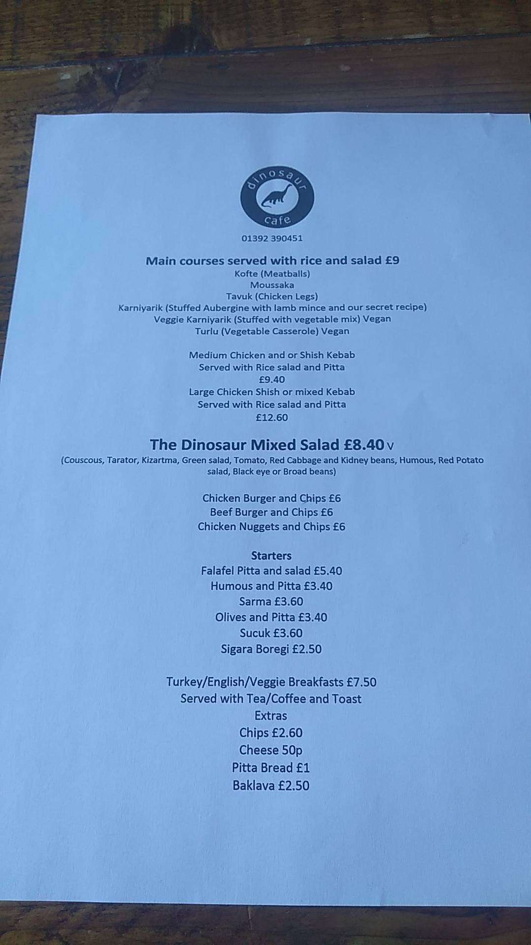 Menu at Dinosaur Cafe, Exeter