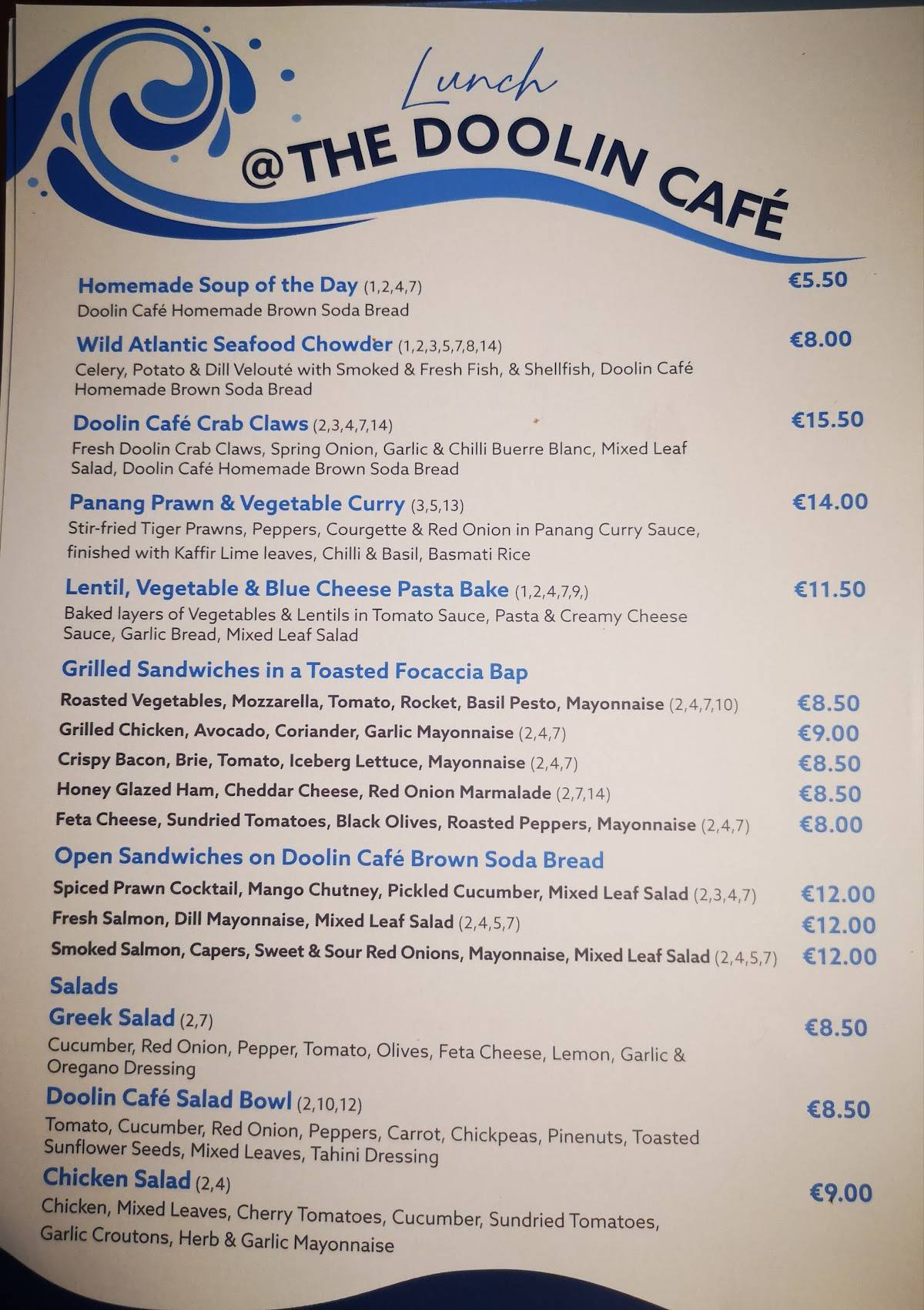 Menu at Doolin Café cafe, Doolin, Toomullin
