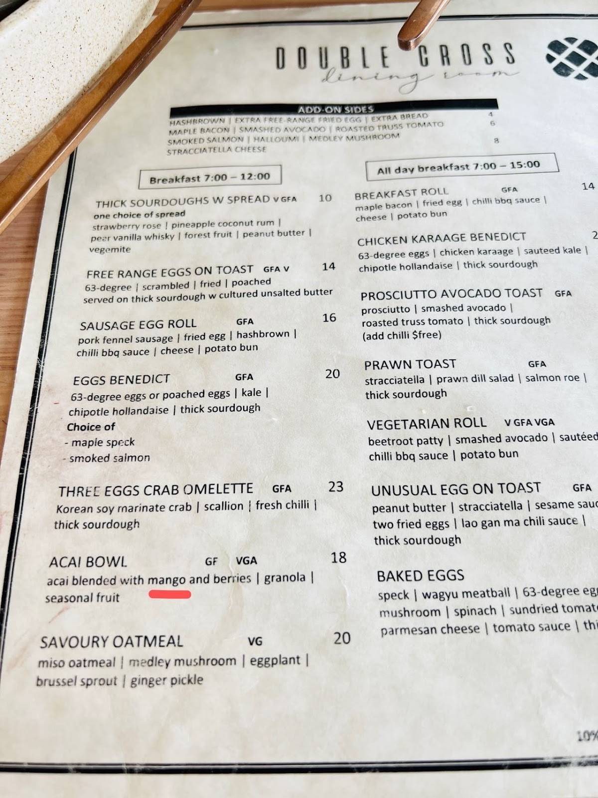 Menu at Double Cross Dining Room cafe, Crows Nest
