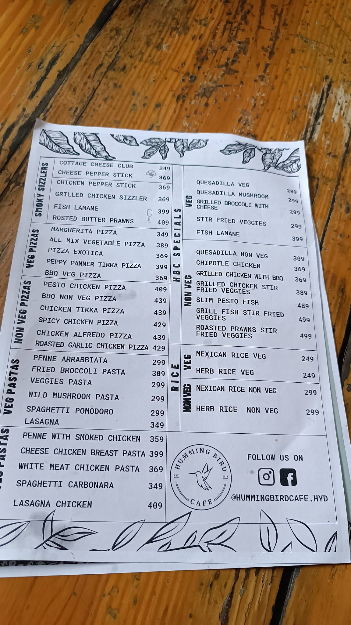 Menu at Humming Bird Cafe, Hyderabad