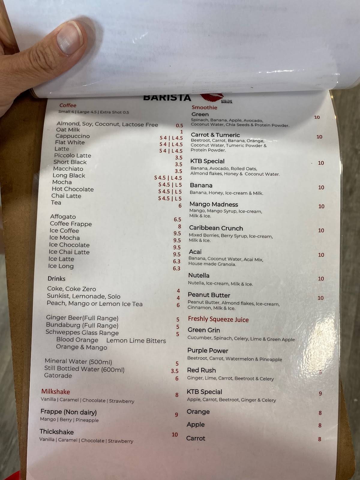 Menu at Kiss The Barista, Sandringham