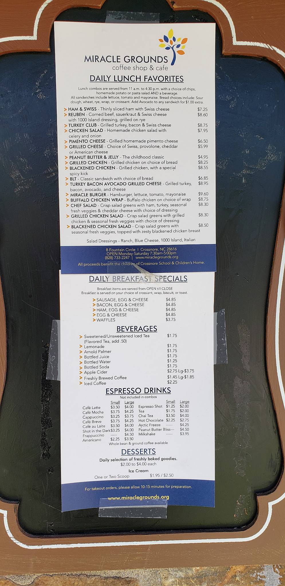 Menu at Miracle Grounds Coffee Shop & Cafe, Crossnore