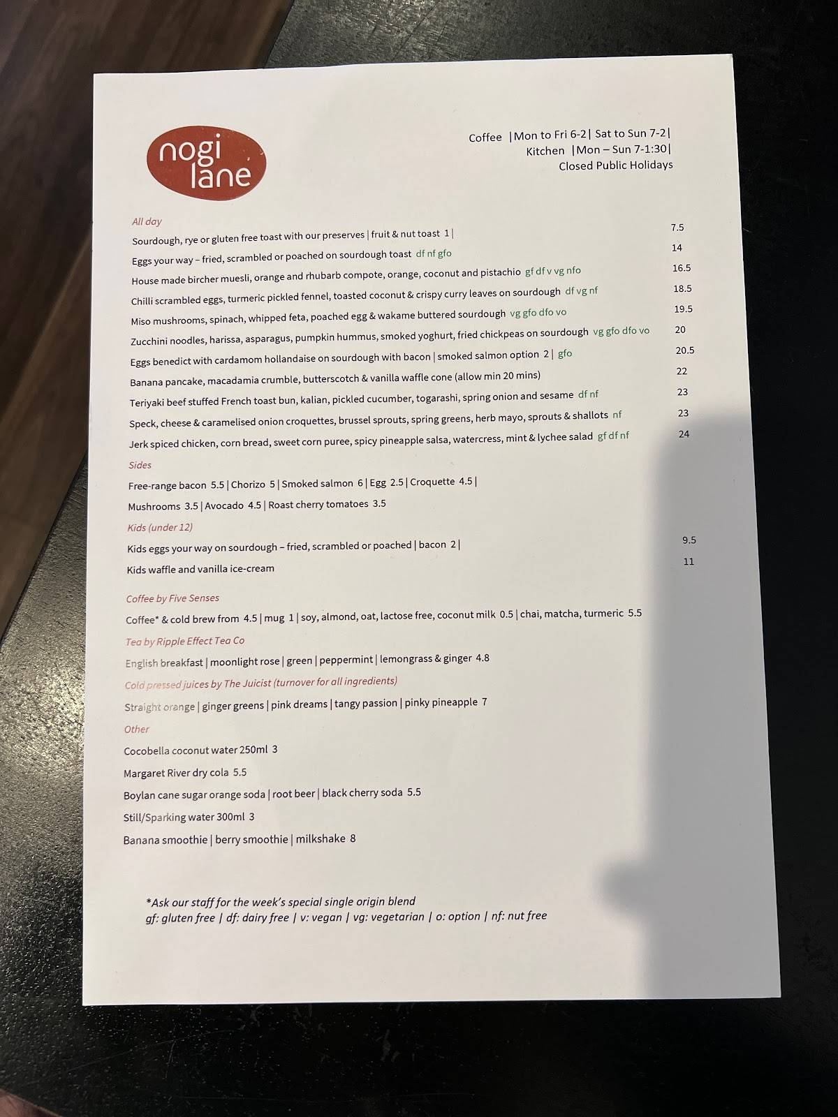 Menu at Nogi Lane cafe, Dianella