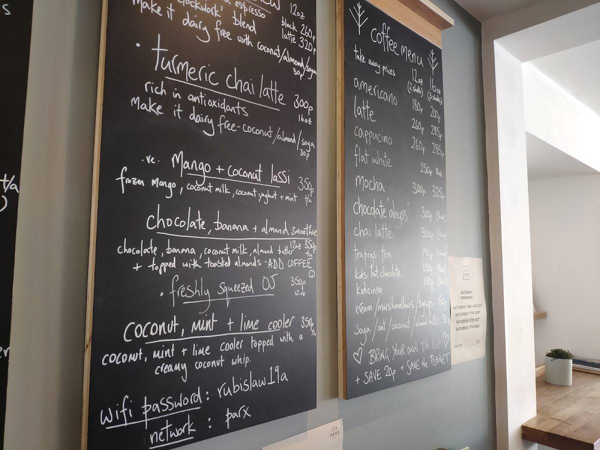 Menu at Parx Cafe, Aberdeen