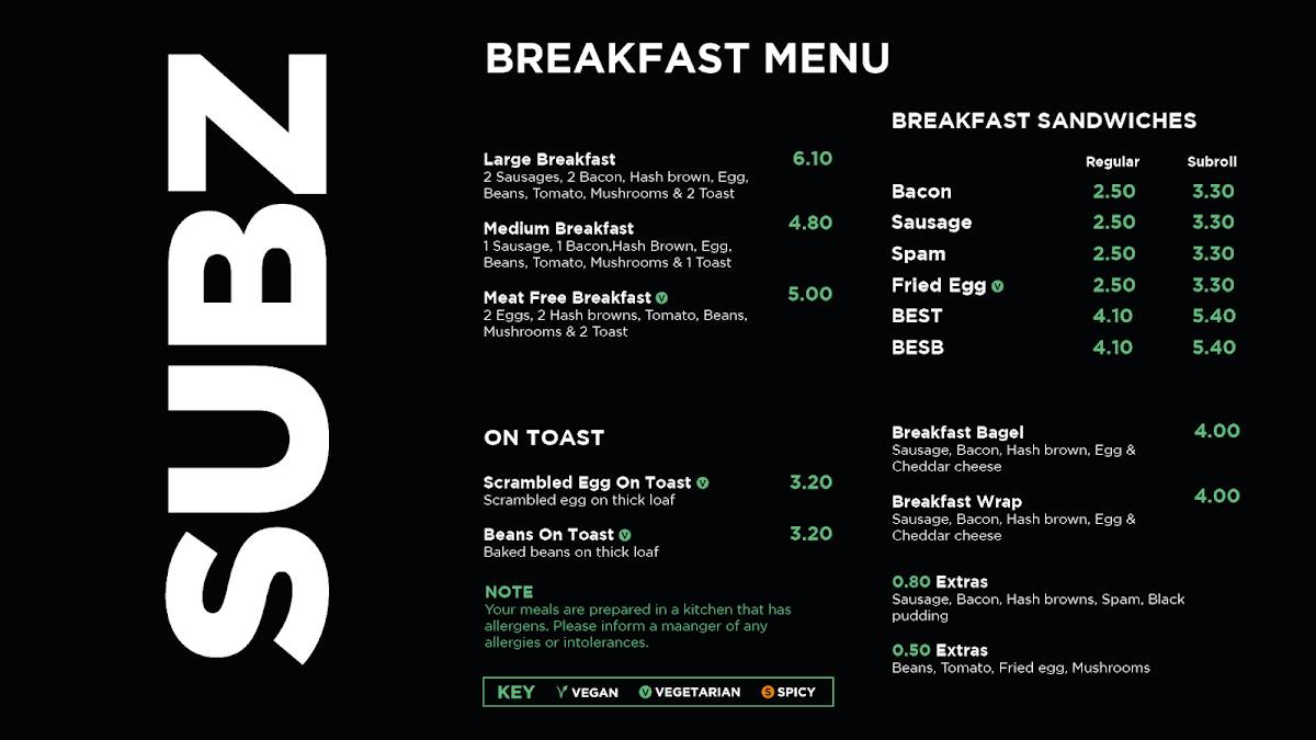 Menu at SUBZ Cafe, South Elmsall