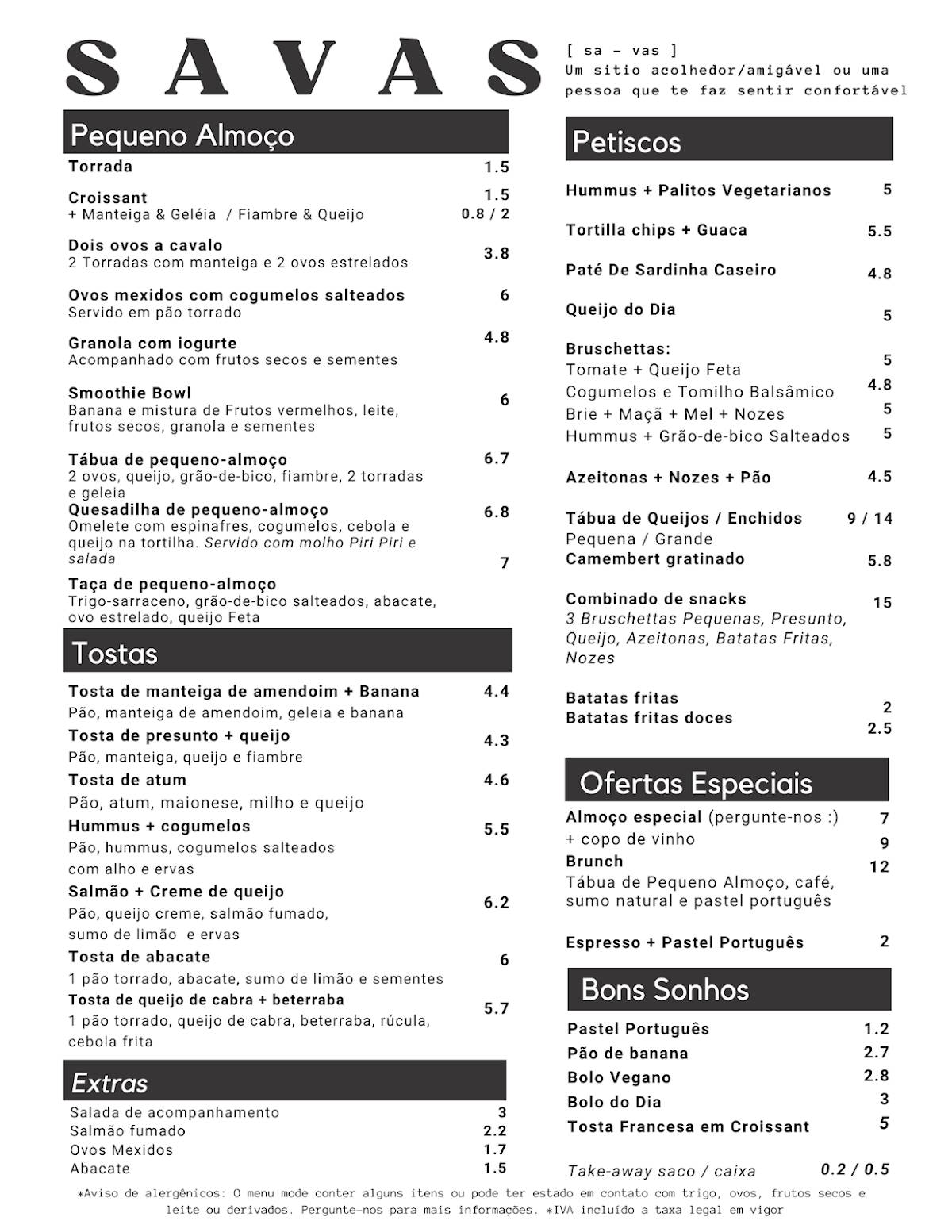 Menu at Savas cafe, Lisbon