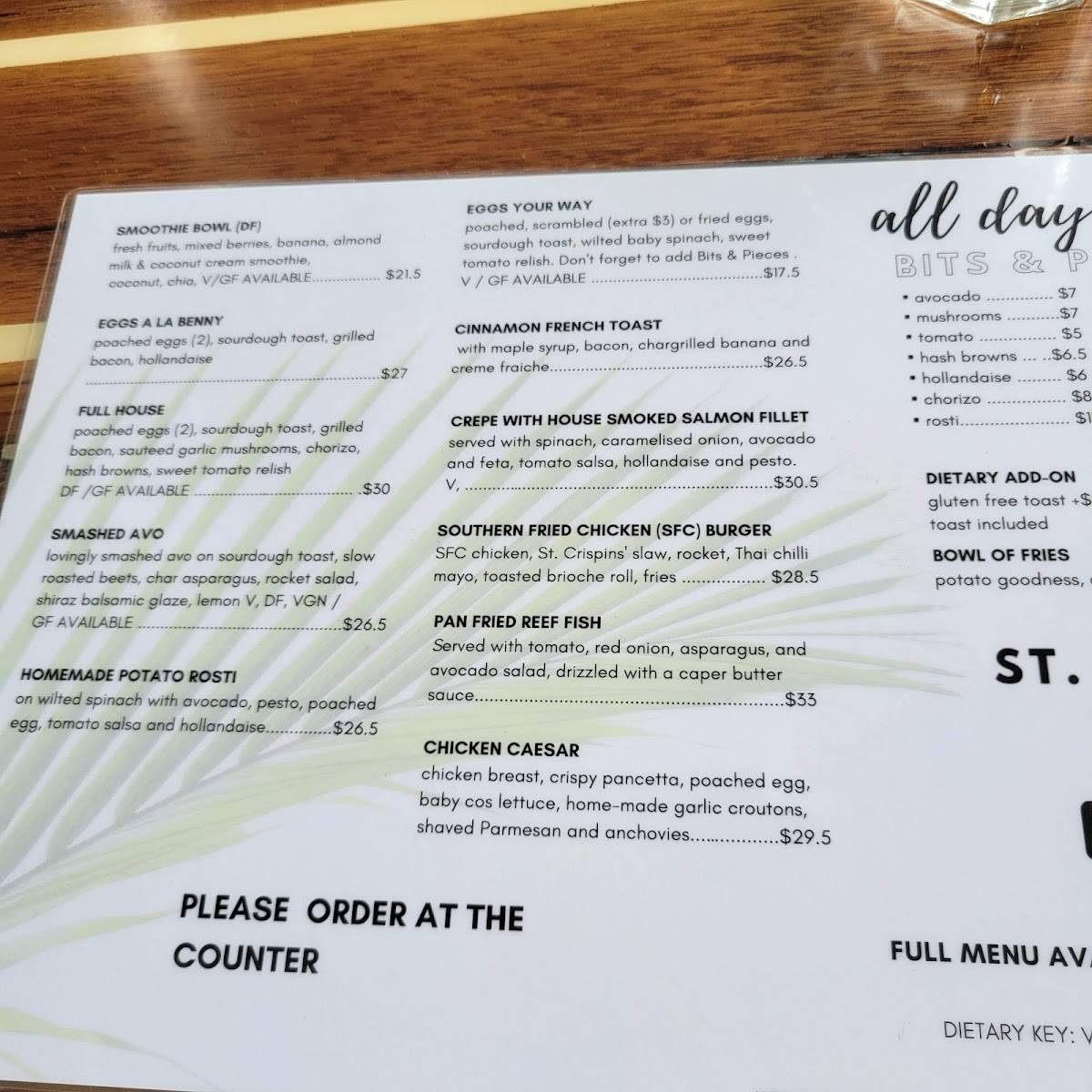 Menu at St. Crispins cafe, Port Douglas