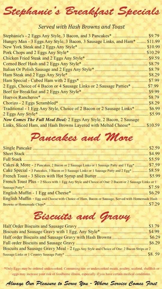 Menu at Stephanie's Café cafe, Commerce City