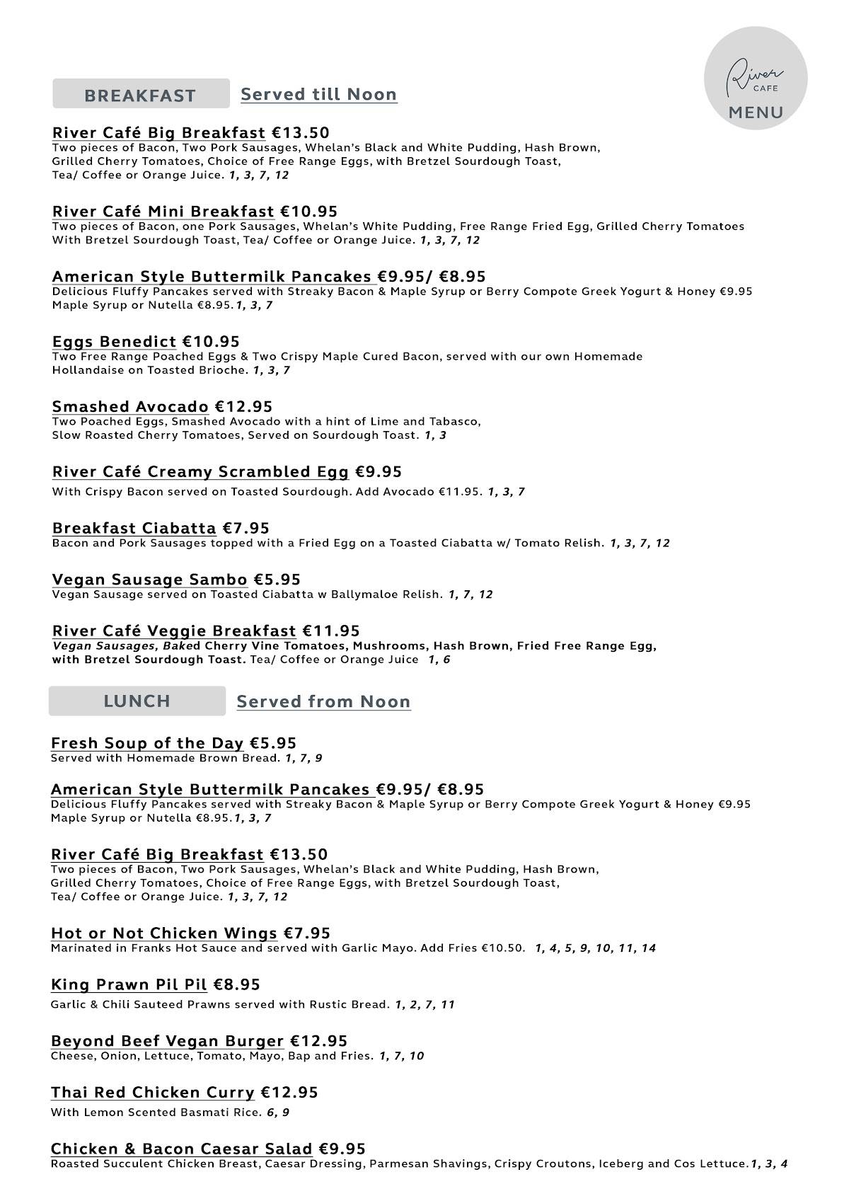 Menu at The River Cafe, Dublin, Raheny Shopping Centre