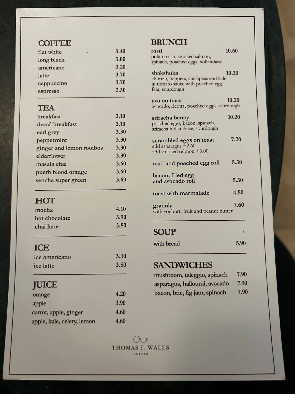 Menu at Thomas J Walls Coffee cafe, Edinburgh