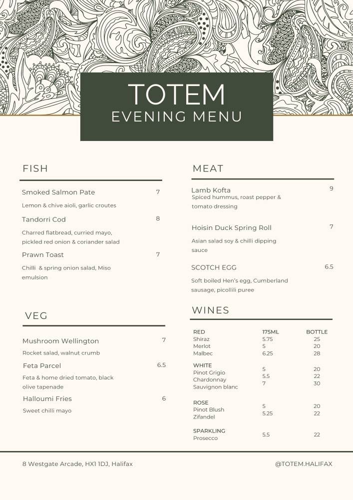 Menu at Totem cafe, Halifax