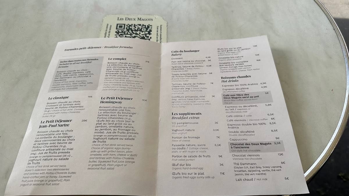 Menu at Café de Flore, Paris, 172 Bd Saint-Germain