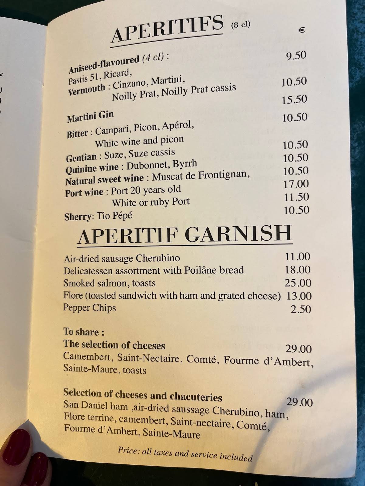 Menu at Café de Flore, Paris, 172 Bd Saint-Germain