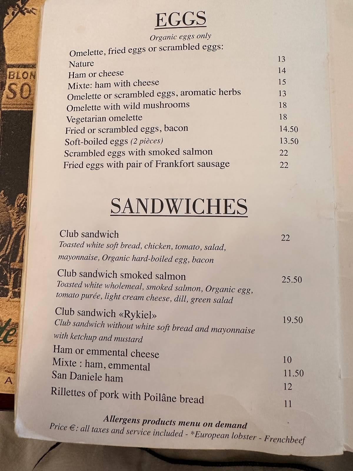 Menu at Café de Flore, Paris, 172 Bd Saint-Germain