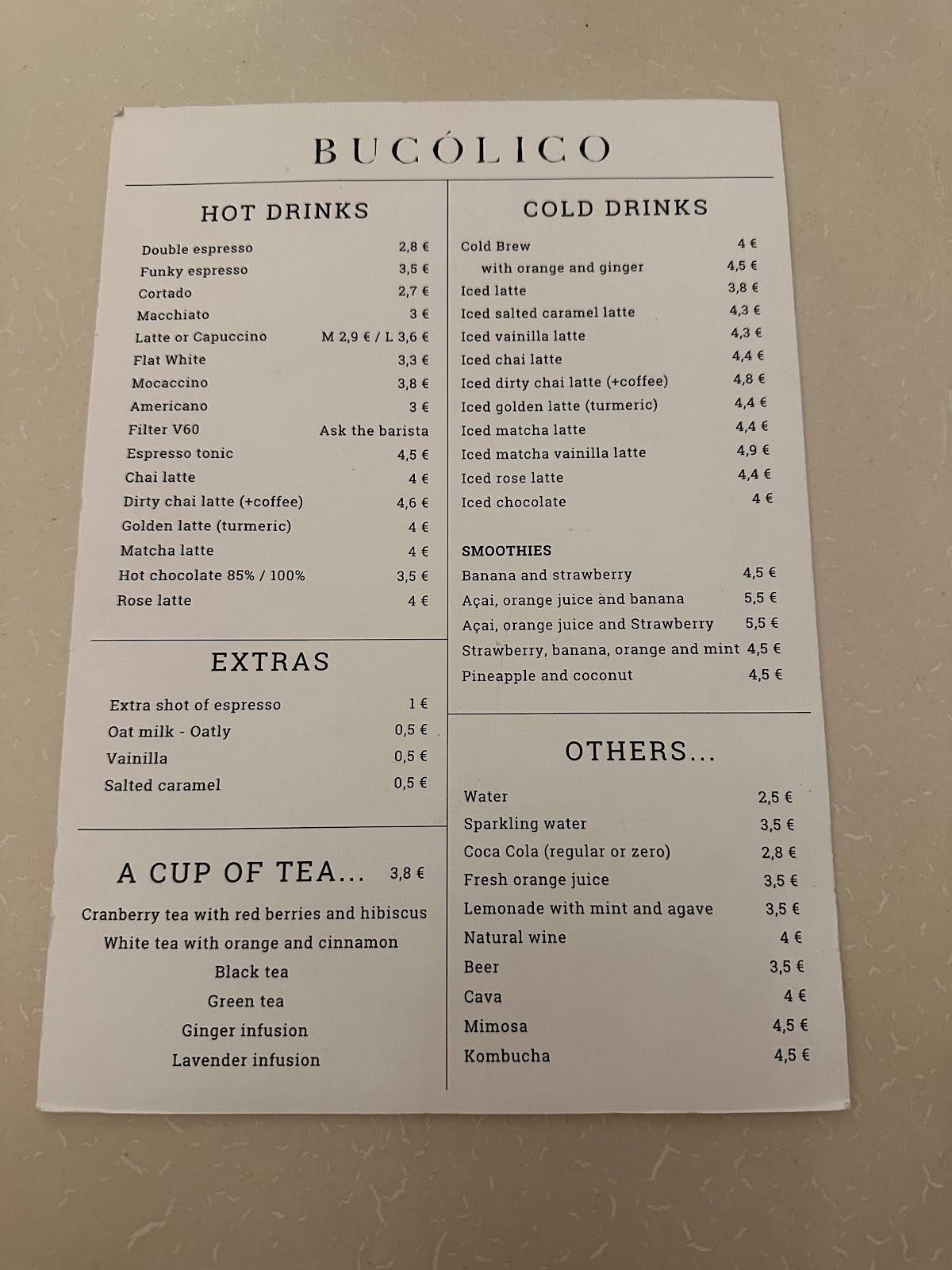 Carta de Bucólico Café, Madrid