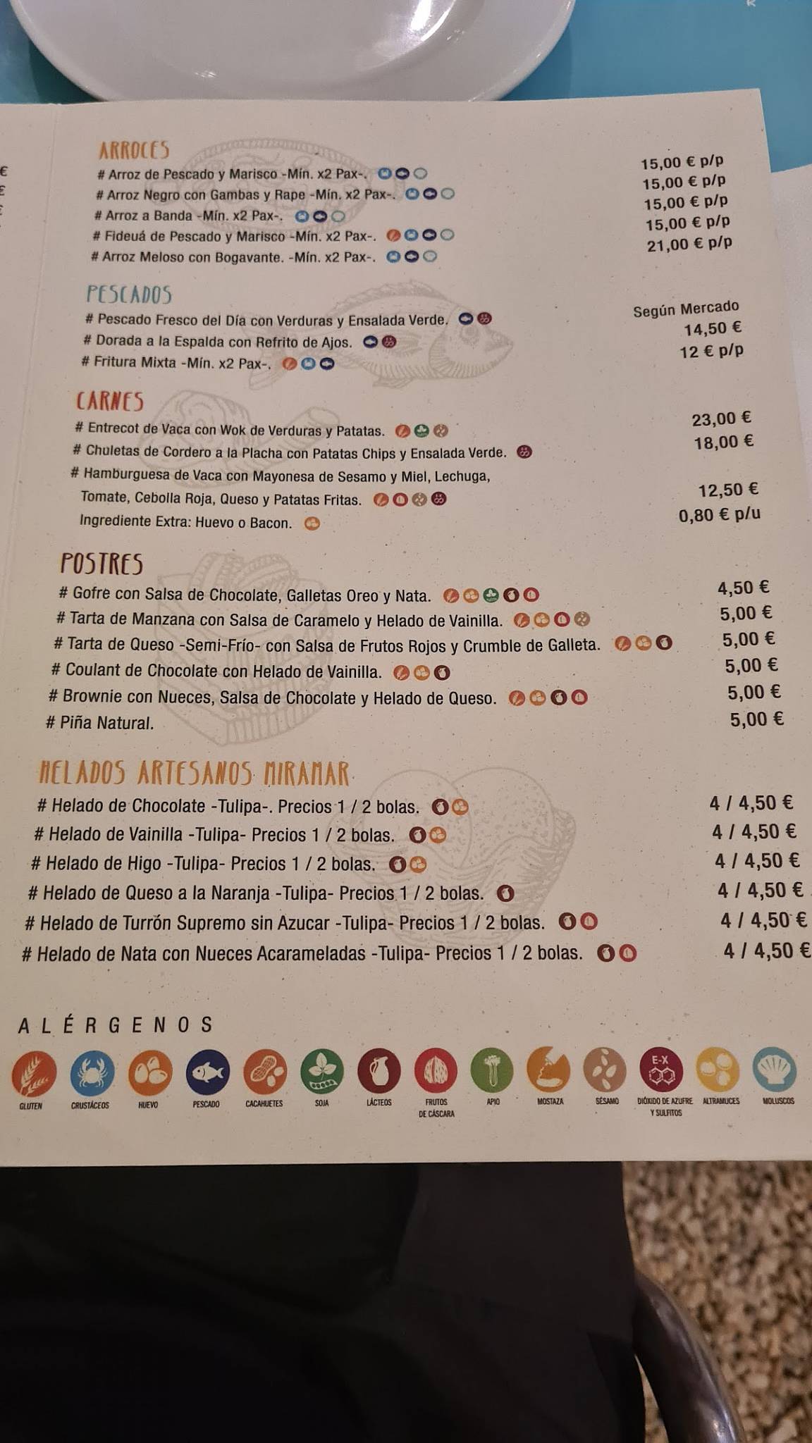 Carta del restaurante Pantalán Playa, Calabardina
