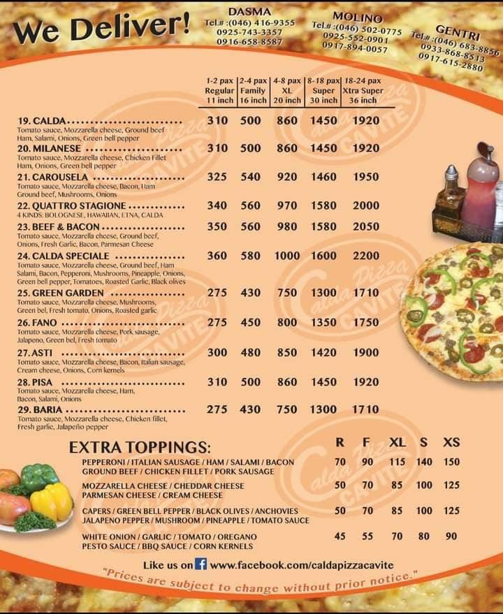 Carta del restaurante Calda Pizza, Dasmariñas