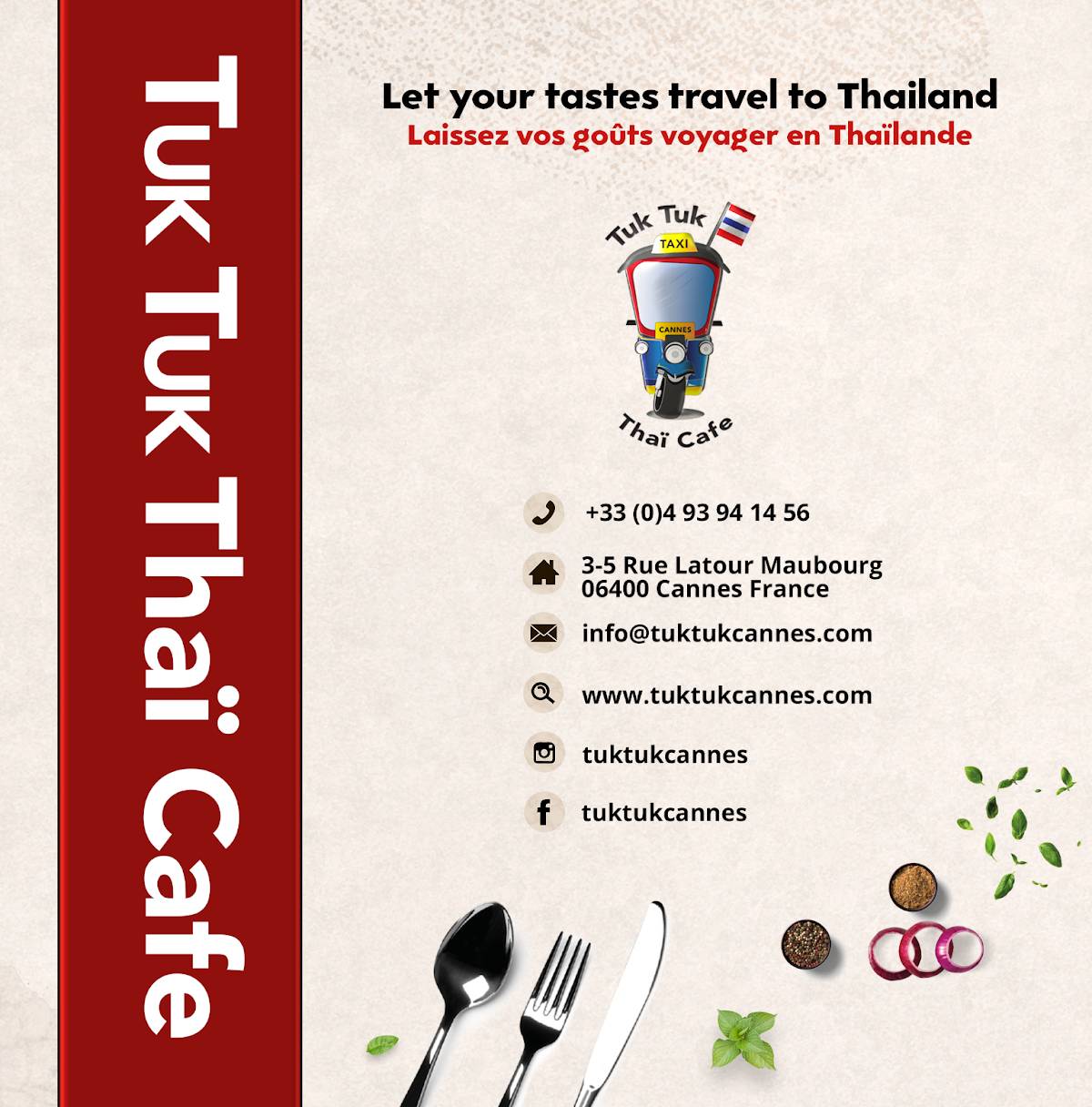 Menu au Tuk Tuk Thai Cafe, Cannes