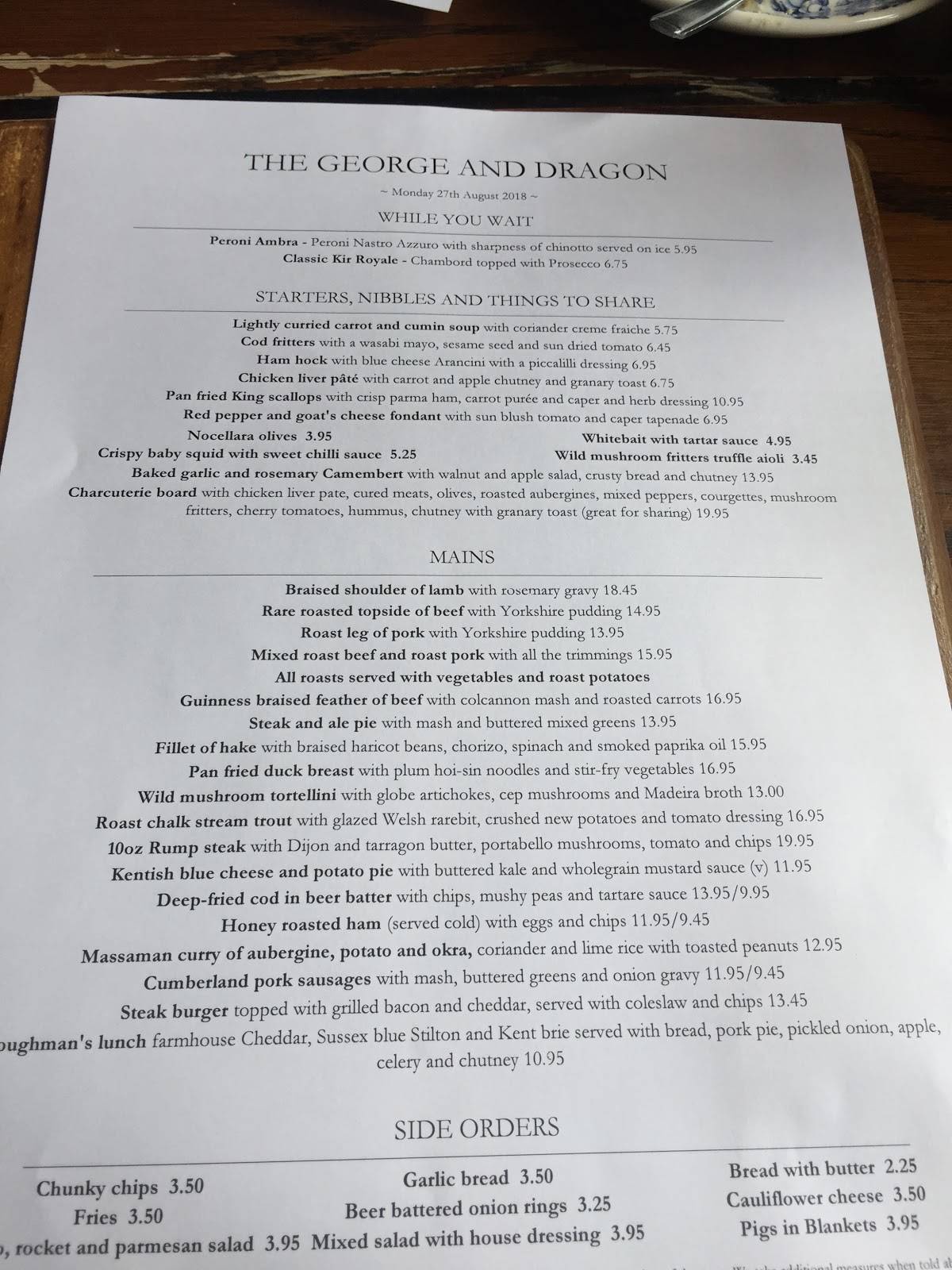 Menu at The George & Dragon pub & bar, Canterbury