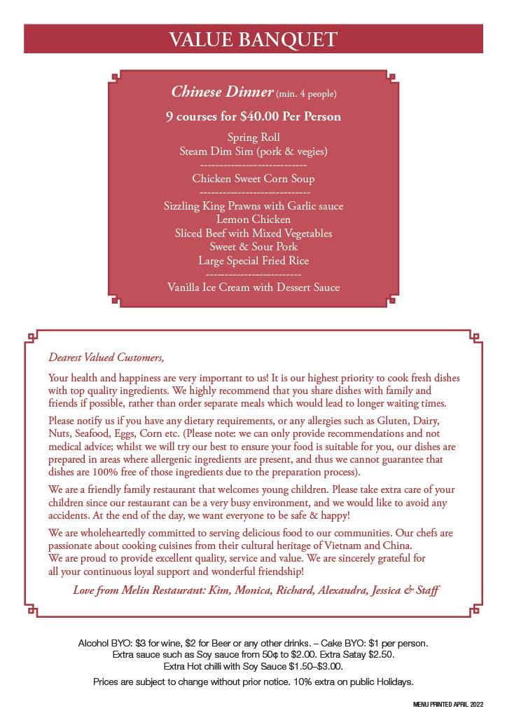 Menu at Melin Vietnamese & Chinese Restaurant, Capalaba
