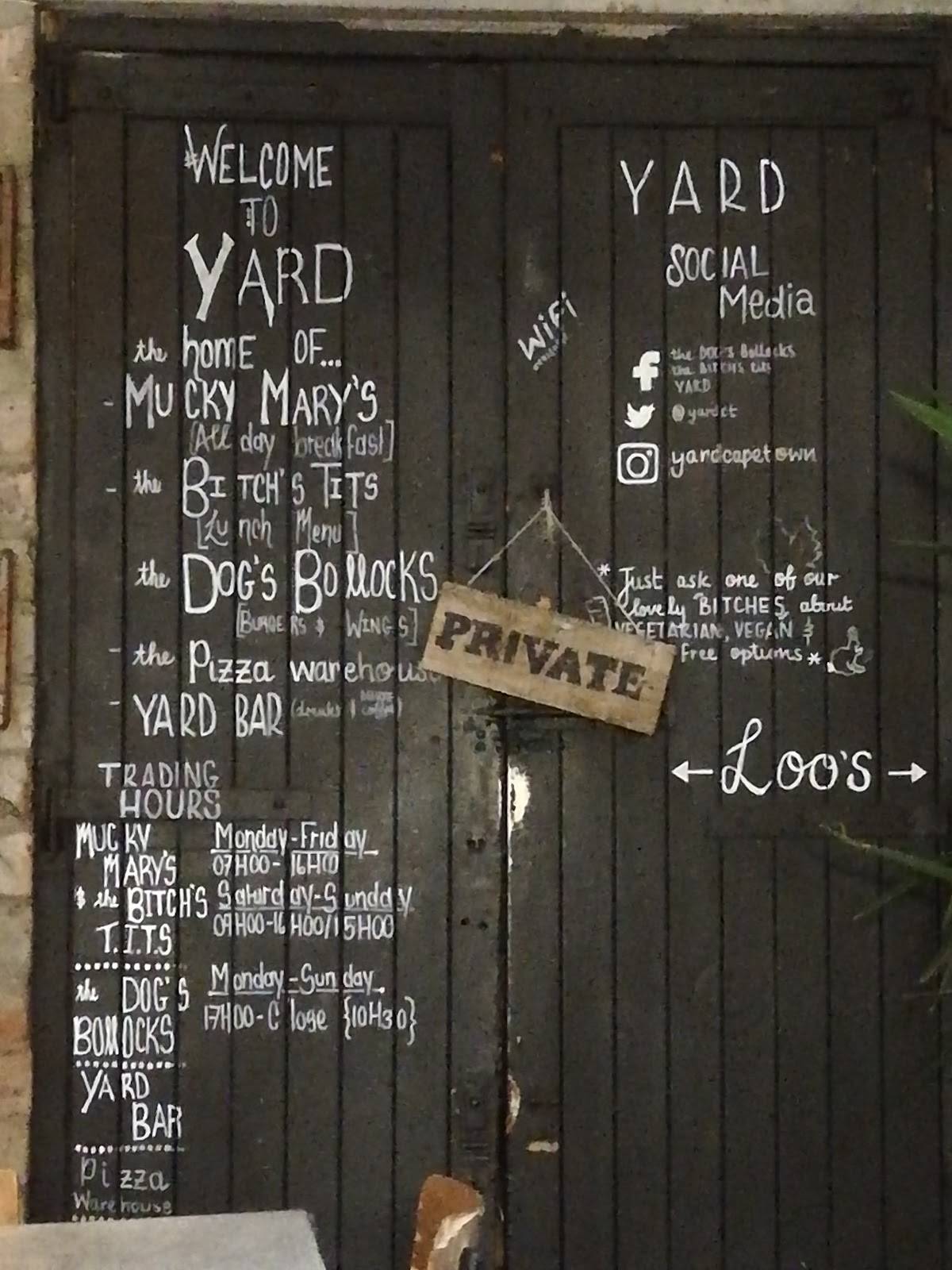 Menu at The Dog's Bollocks at YARD restaurant, Cape Town