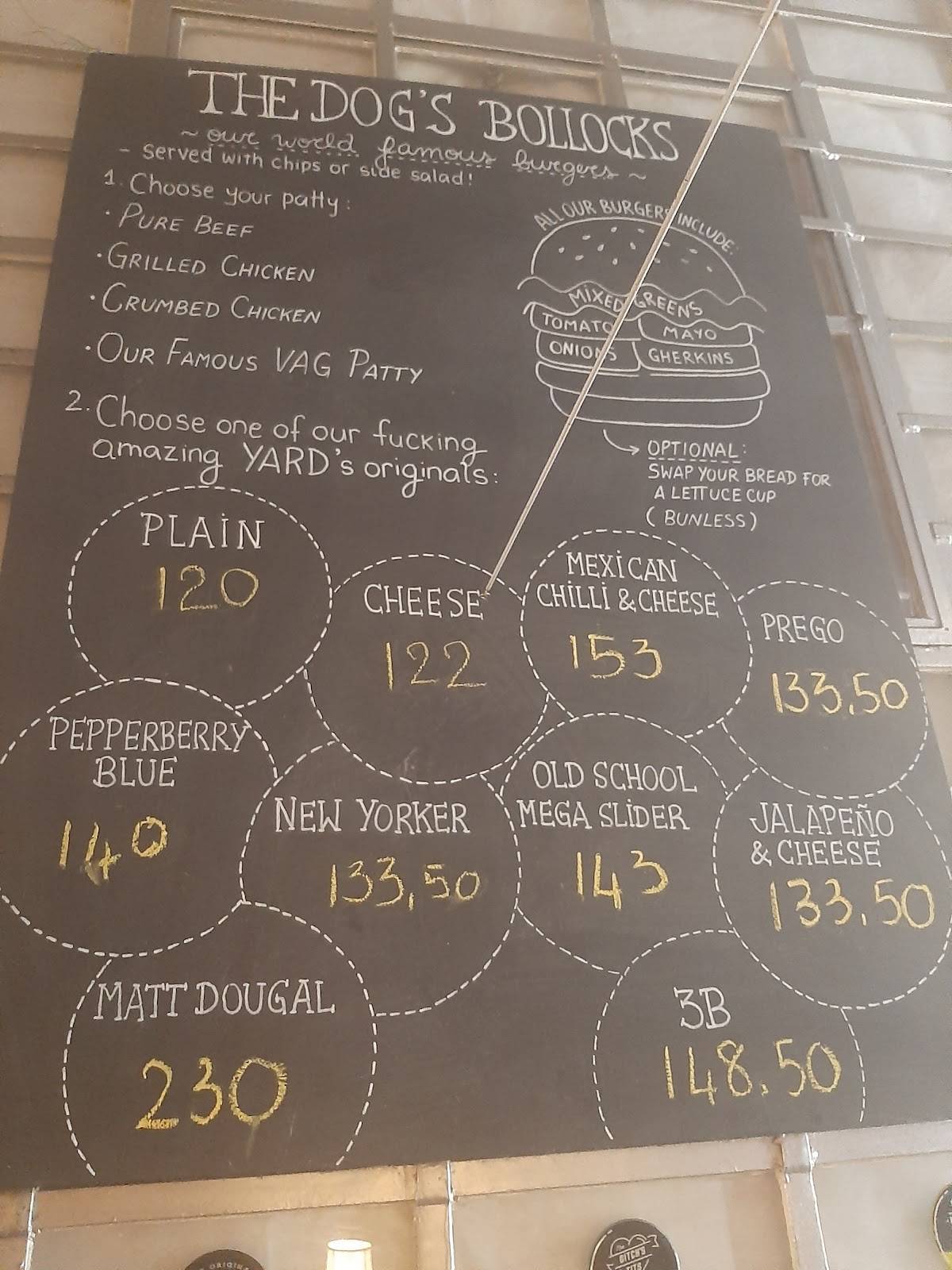 Menu at The Dog's Bollocks at YARD restaurant, Cape Town